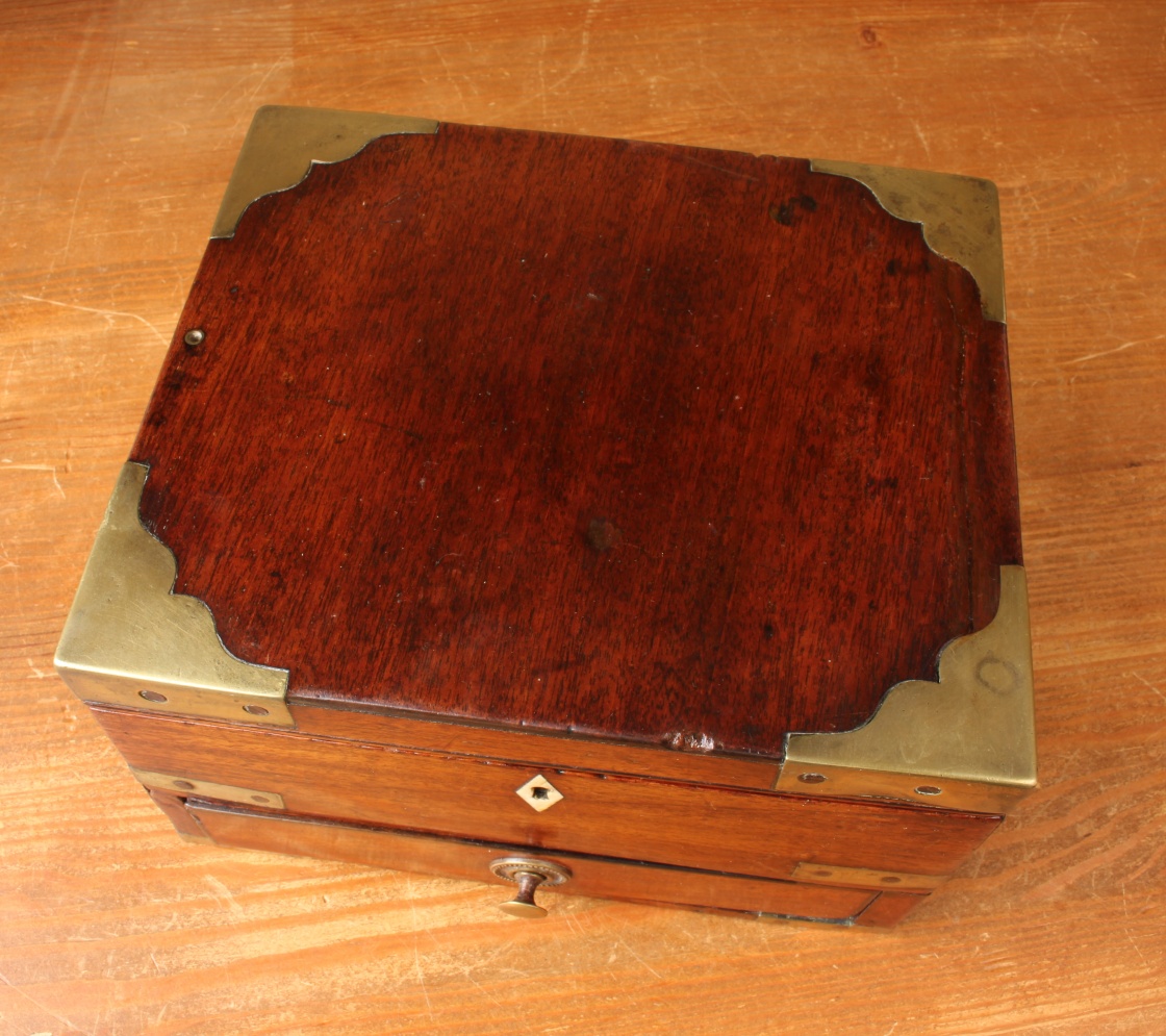 Mahogany & Brass Bound Campaign Style Box. 19th Century Wooden Case.