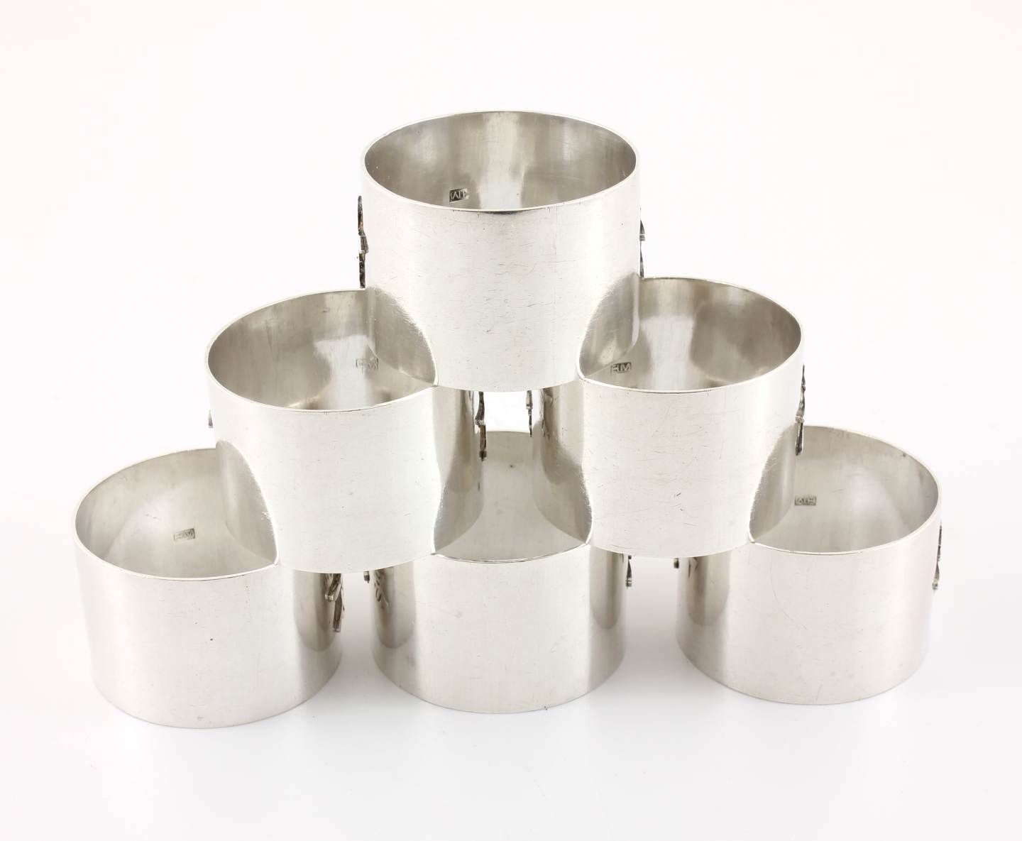 Six Chinese Silver Napkin Rings With Chinese Symbols. Wang Hing c1890.