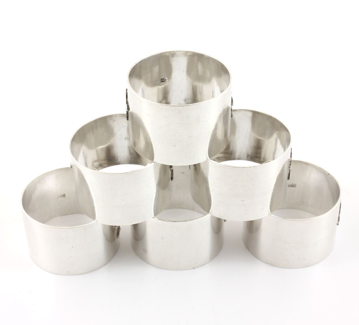 Six Chinese Silver Napkin Rings With Chinese Symbols. Wang Hing c1890.