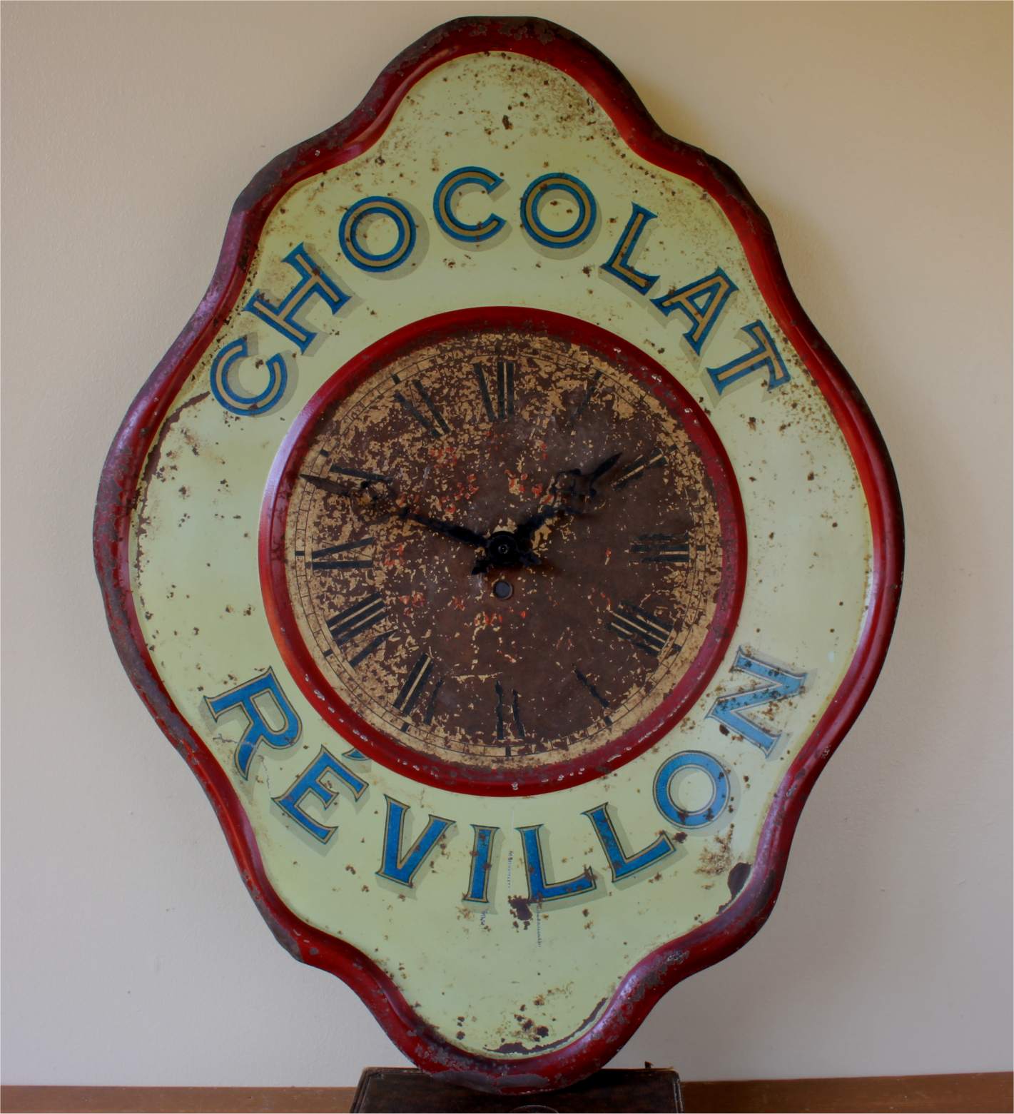 Antique French Chocolate Wall Clock. Chocolat Revillon Advertising Sign.