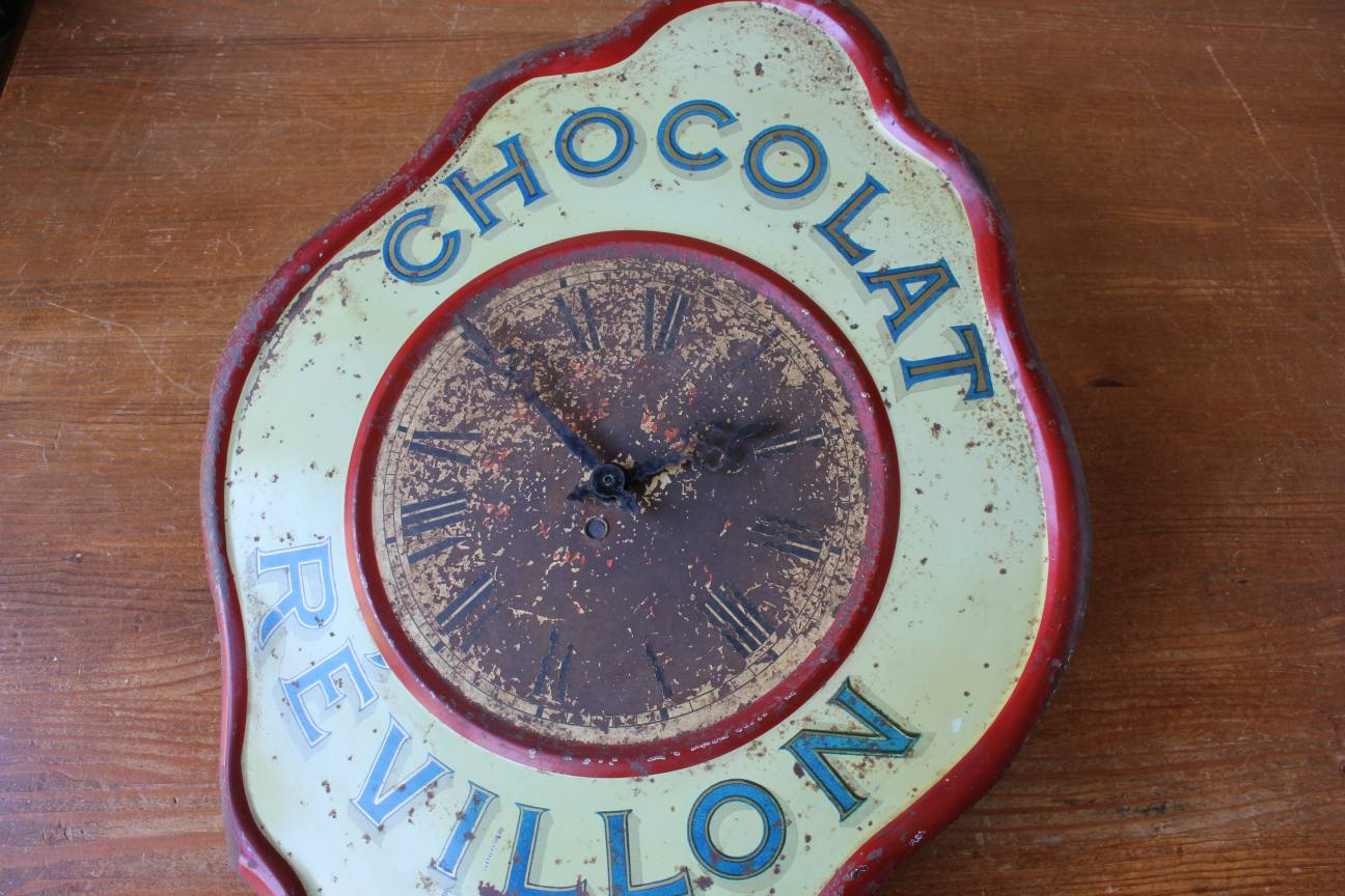 Antique French Chocolate Wall Clock. Chocolat Revillon Advertising Sign.