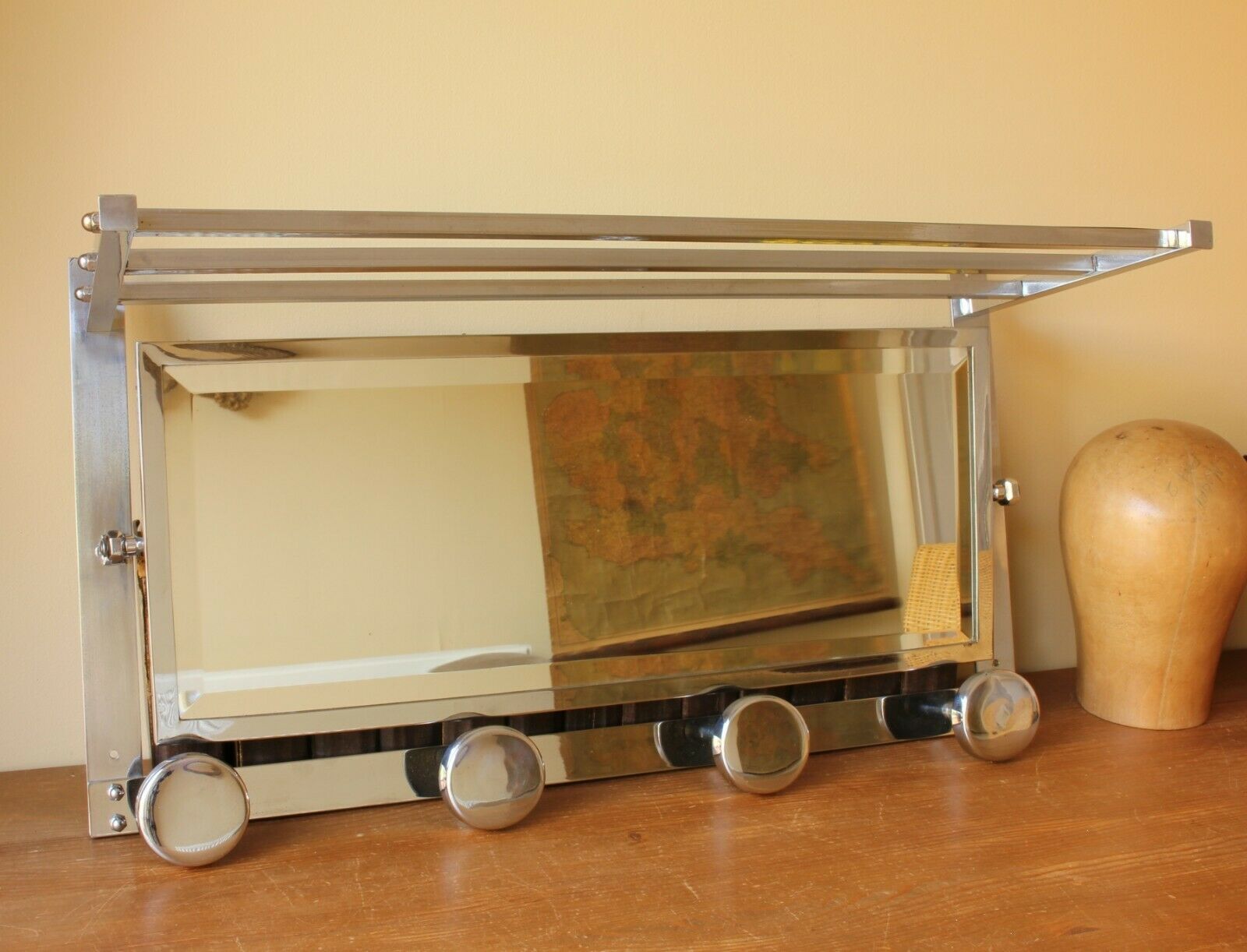 Chrome Luggage Rack & Mirror. French Wall Coat Hat Hook Shelf.