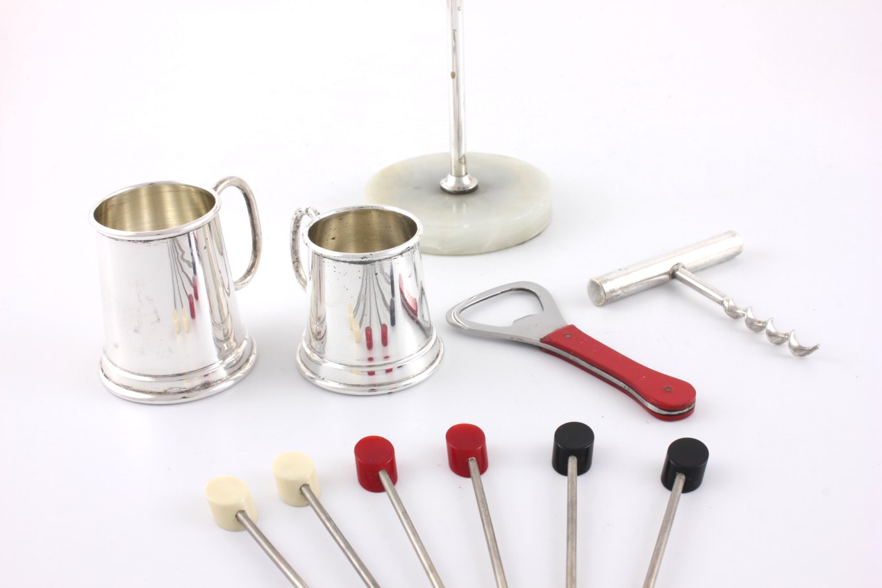 Bar Accessory Set. Cocktail Picks, Measure, Corkscrew, Bottle Opener.