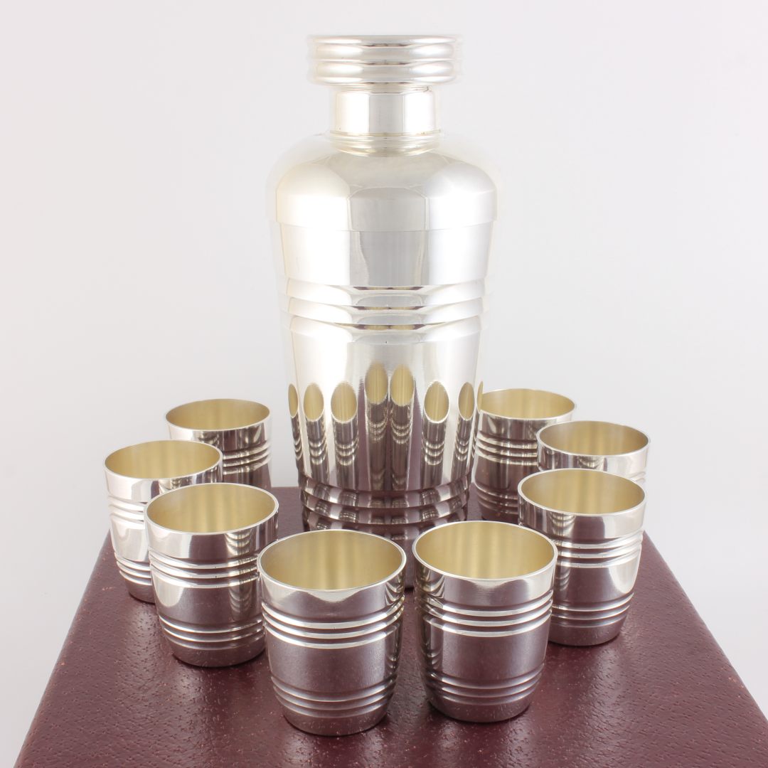 French Silver Plate Cocktail Shaker & Beaker Set Boxed. St Medard c1930.
