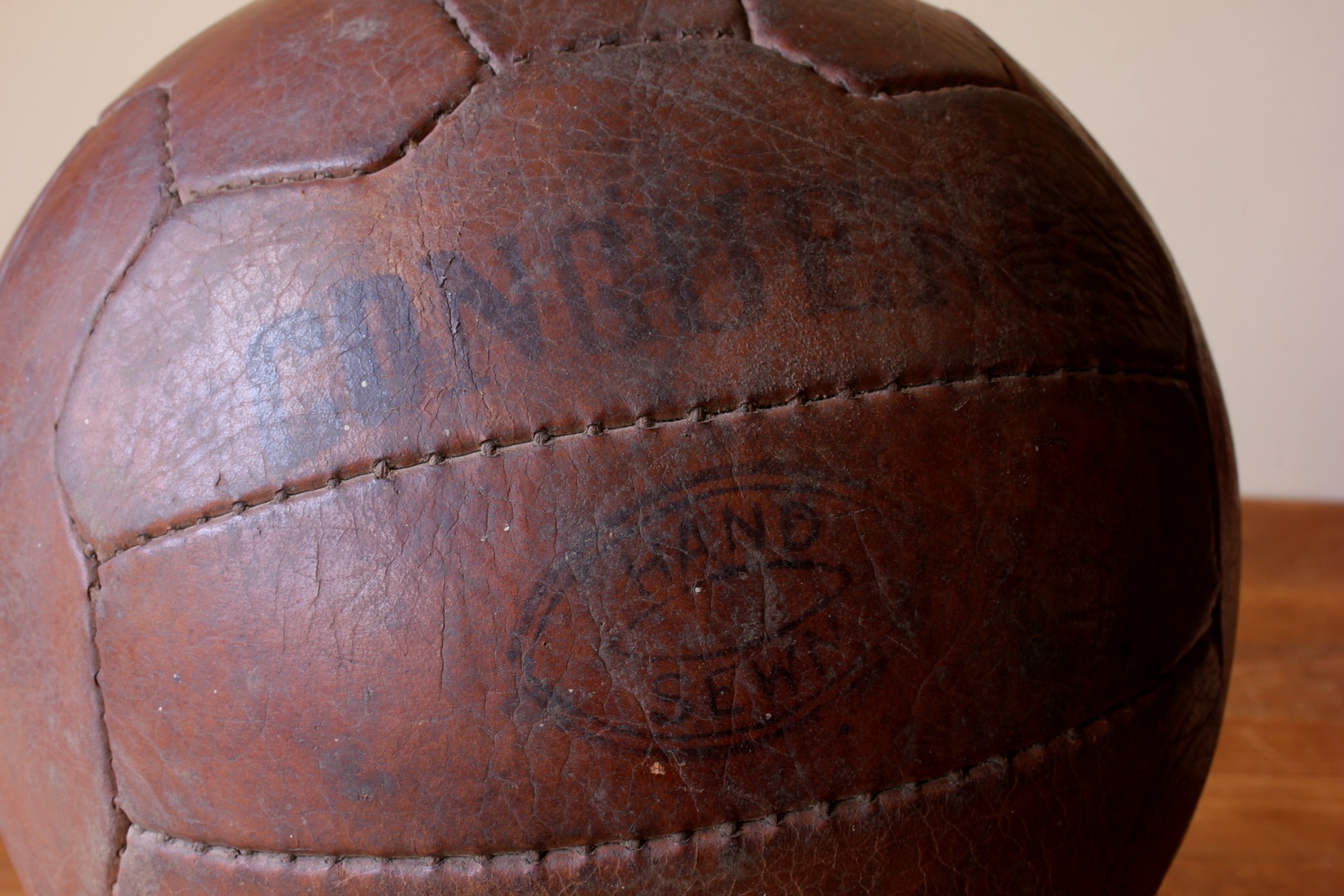 Conqueror Dark Brown Leather Football. 18 Panel Soccer Ball. c1950.
