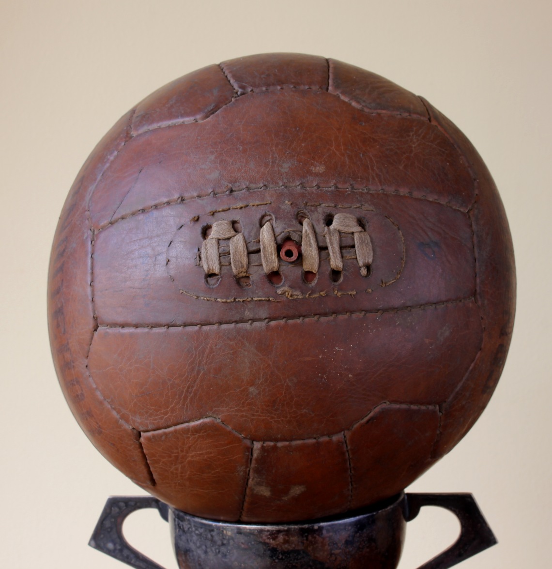 Conqueror Dark Brown Leather Football. 18 Panel Soccer Ball. c1950.
