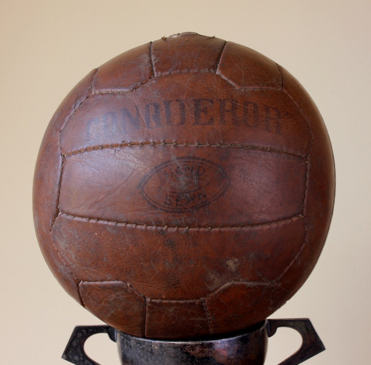 Conqueror Dark Brown Leather Football. 18 Panel Soccer Ball. c1950.