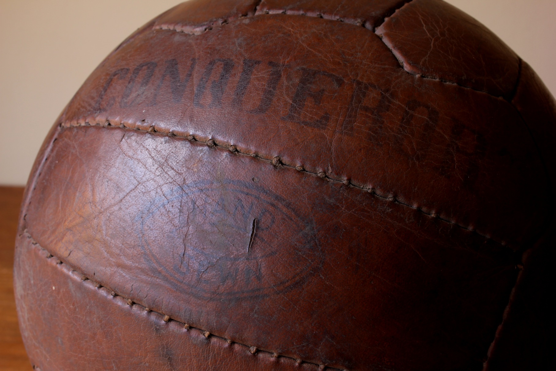 Conqueror Dark Brown Leather Football. 18 Panel Soccer Ball. c1950.