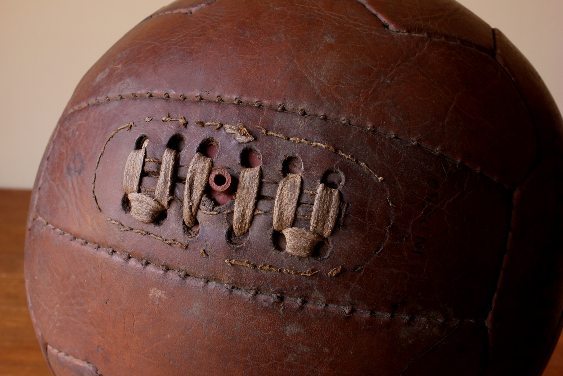 Conqueror Dark Brown Leather Football. 18 Panel Soccer Ball. c1950.