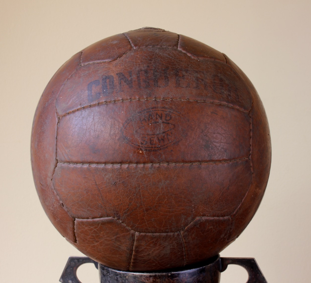 Conqueror Dark Brown Leather Football. 18 Panel Soccer Ball. c1950.