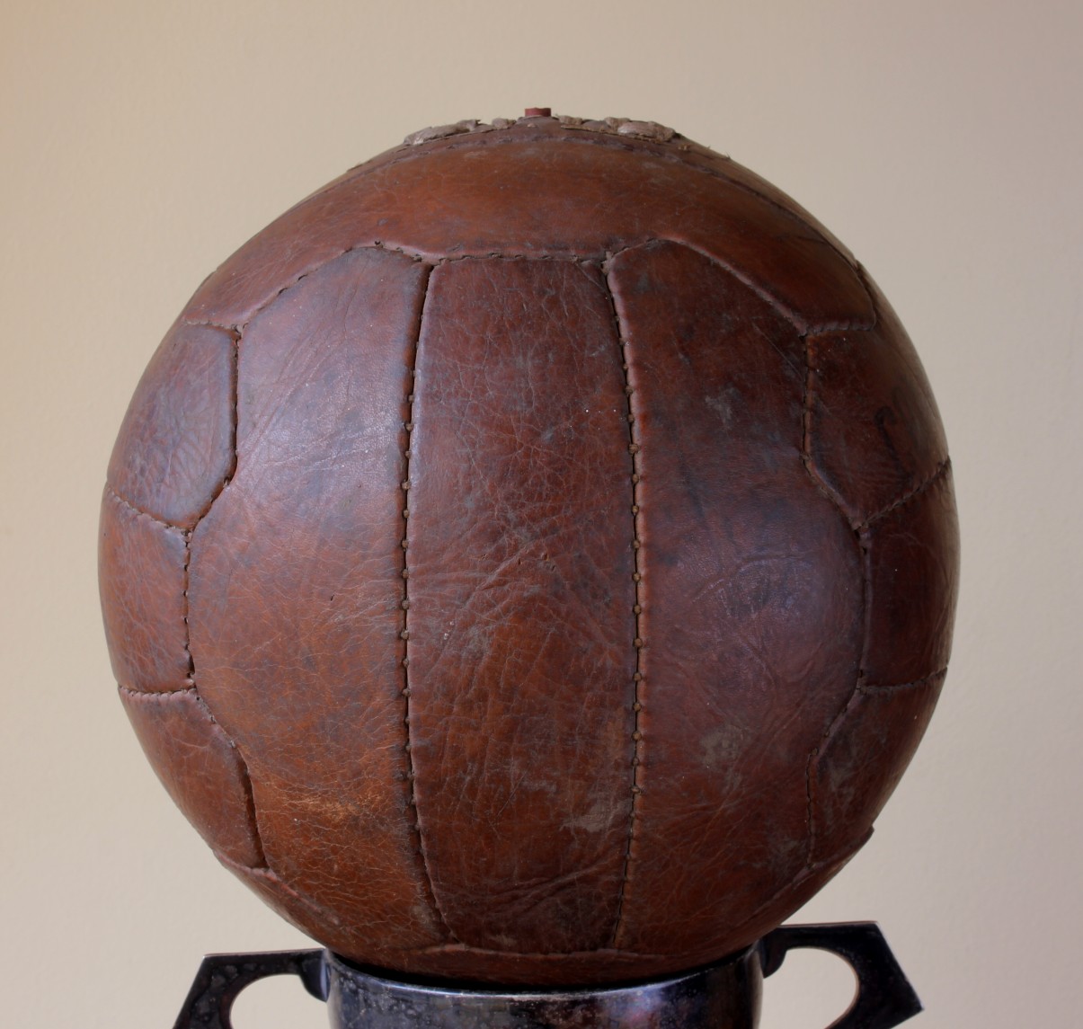 Conqueror Dark Brown Leather Football. 18 Panel Soccer Ball. c1950.