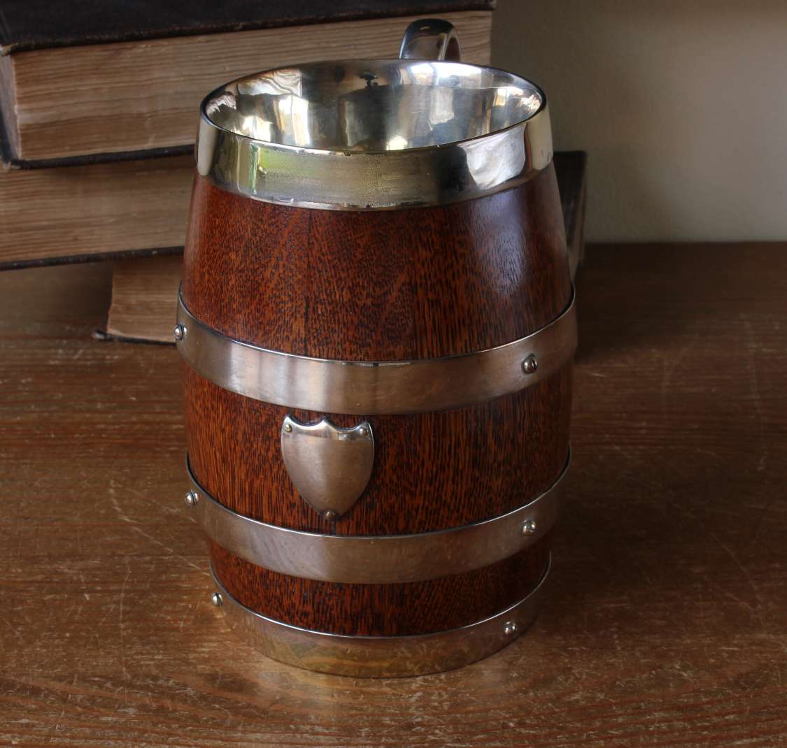 English Oak & Silver Plated Coopered Trophy Tankard Mug. c1900.