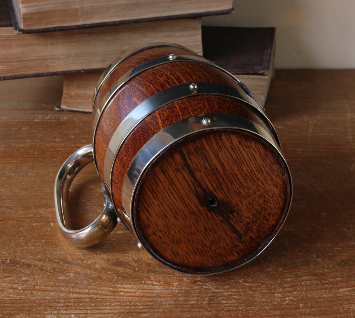 English Oak & Silver Plated Coopered Trophy Tankard Mug. c1900.