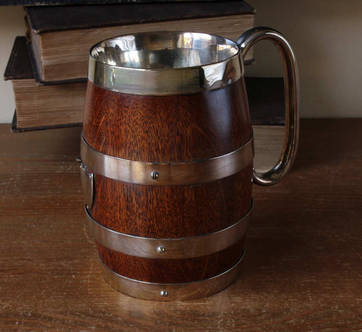 English Oak & Silver Plated Coopered Trophy Tankard Mug. c1900.