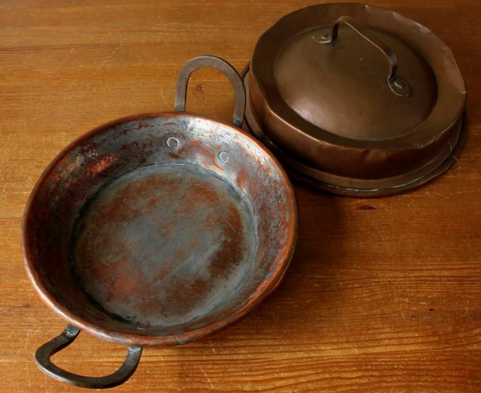 French Copper Chestnut Roaster Pan & Lid. Rustic Lidded Nut Dish Bowl.