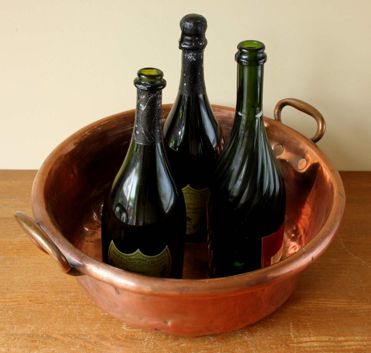 French Copper Handled Chocolate Mixing Bowl. Large Champagne Wine Cooler.