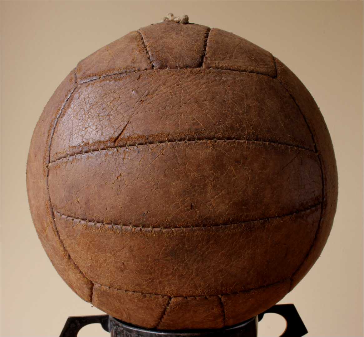 18 Panel Football. Antique Leather Soccer. Old Display Ball. c1930.