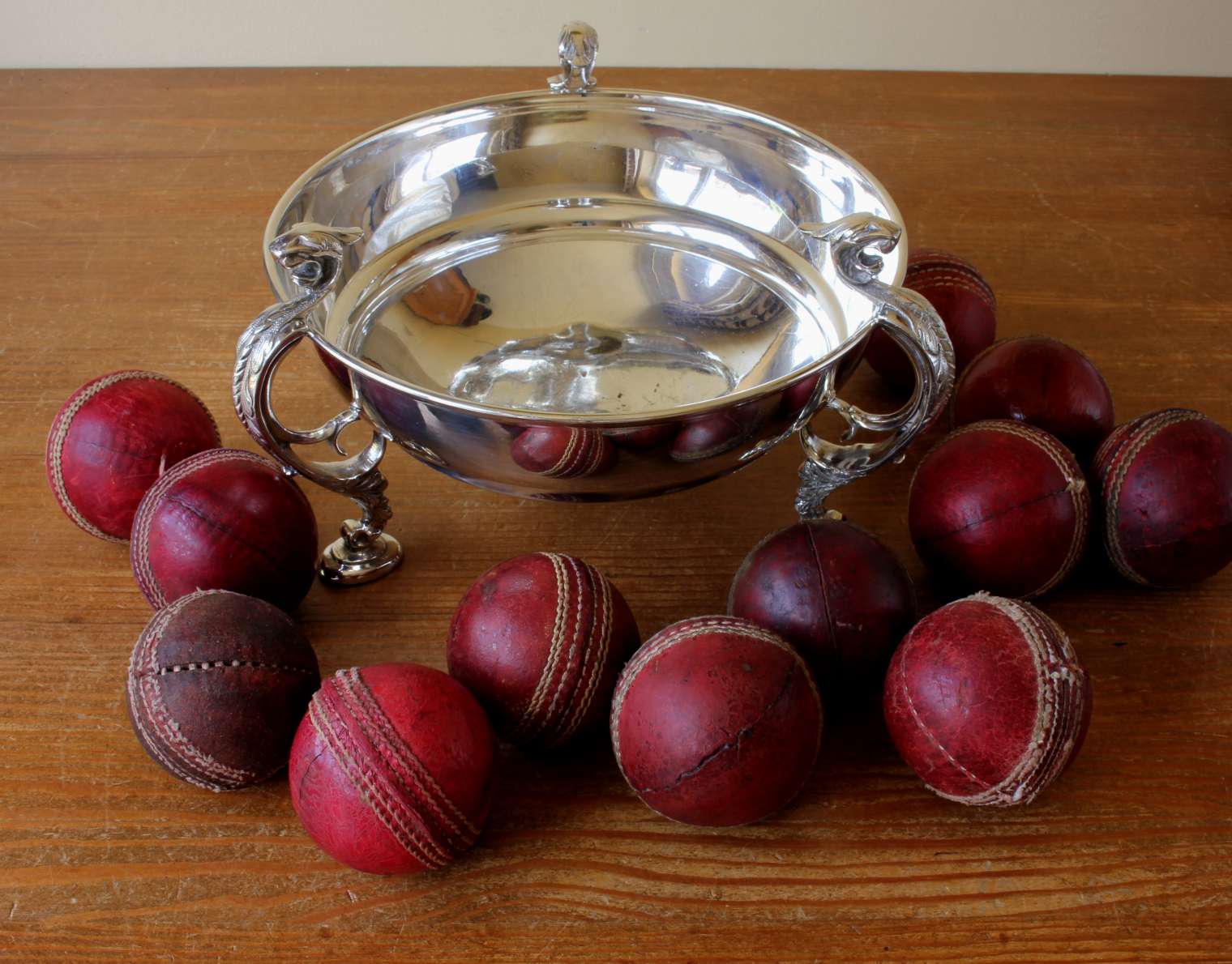 Silver Plate Bowl & 12 Vintage Leather Cricket Balls. Cricketer Gift.