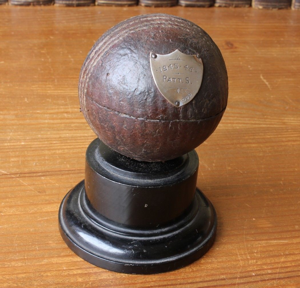 Old Mounted Brown Leather Cricket Ball Trophy with Silver Plaque 1945 1946.