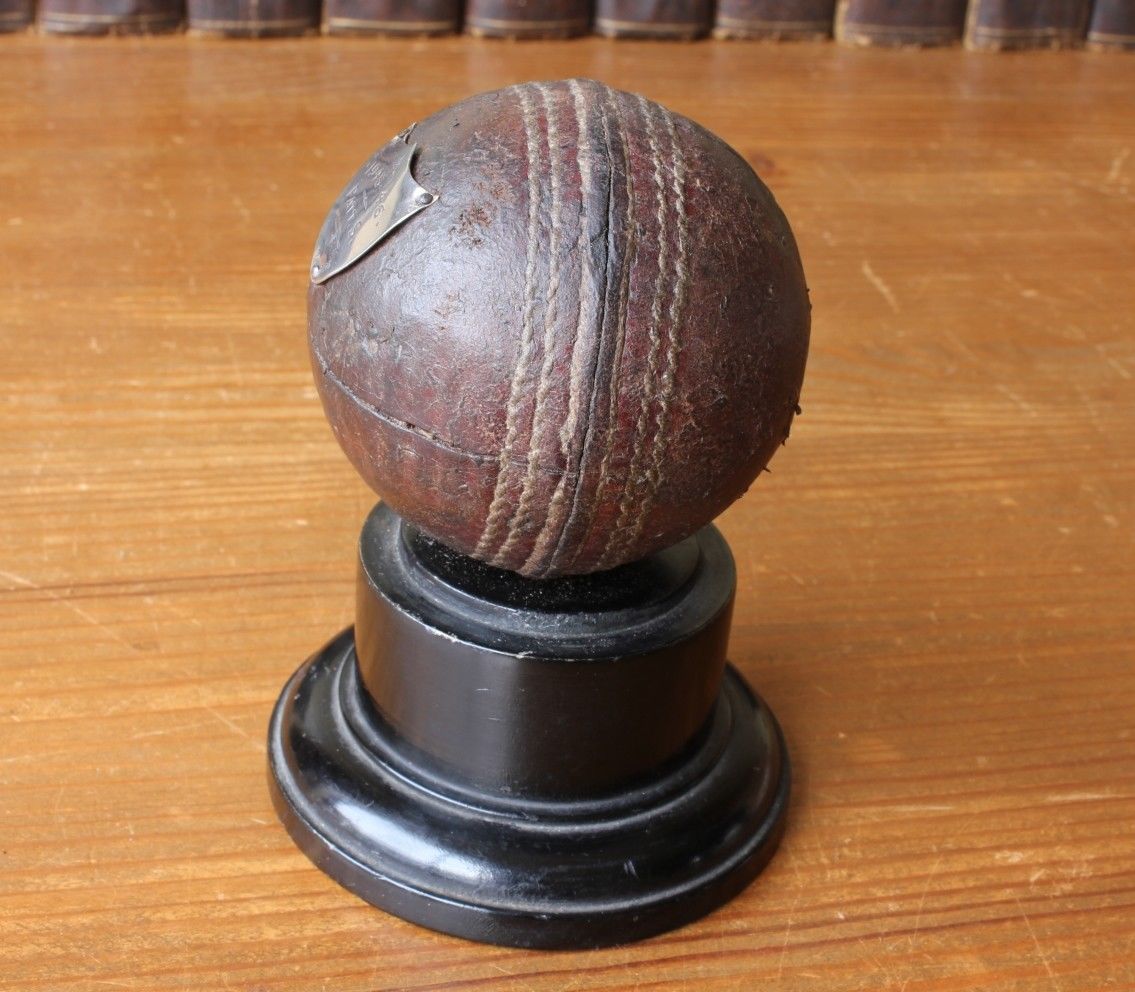 Old Mounted Brown Leather Cricket Ball Trophy with Silver Plaque 1945 1946.