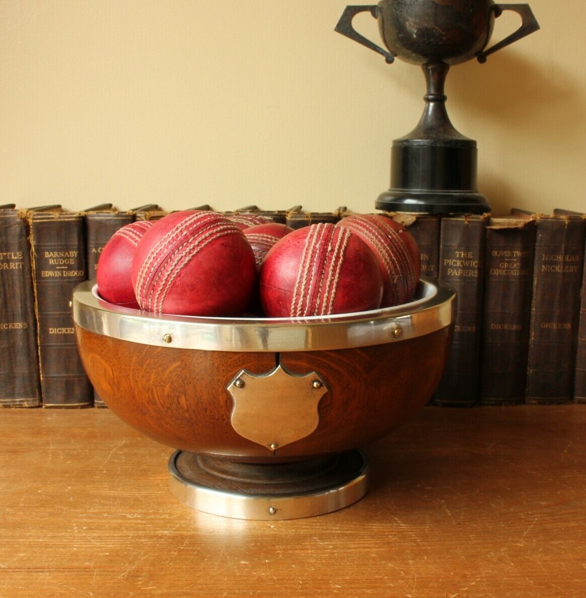 Antique English Oak Silver Plated Trophy Bowl & Old Leather Cricket ...