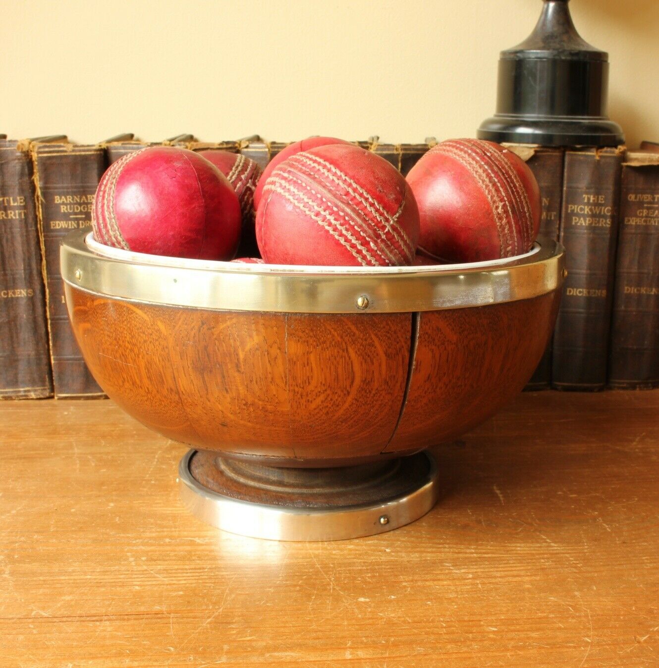 Antique English Oak Silver Plated Trophy Bowl & Old Leather Cricket ...