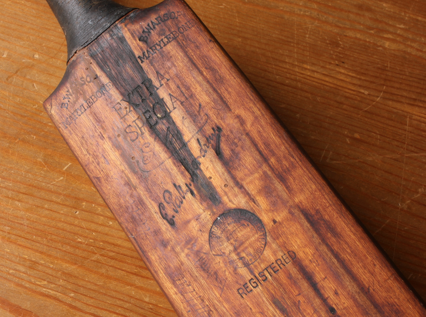 B Warsop Cricket Bat & Silver Trophy Plaque. LPTB Slough Sports Club.