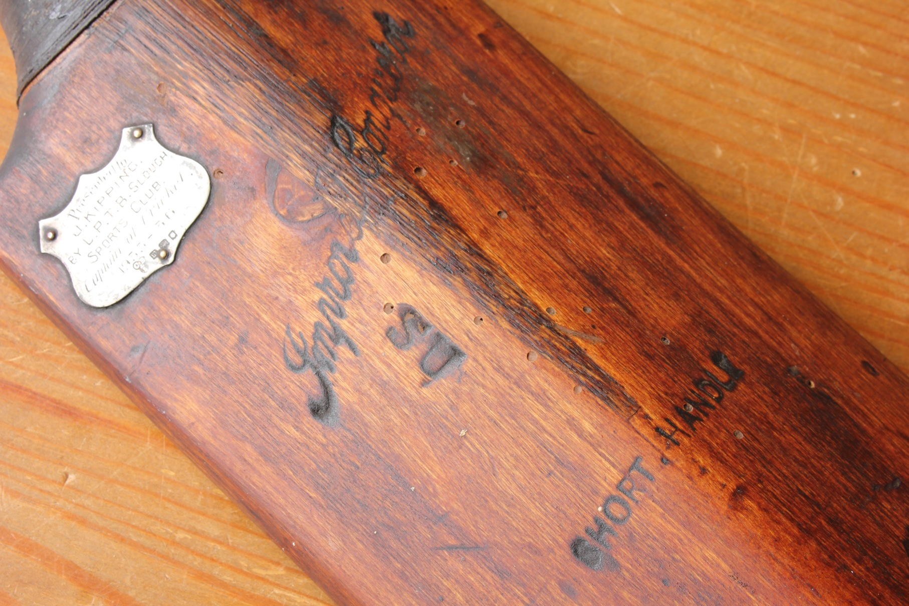 B Warsop Cricket Bat & Silver Trophy Plaque. LPTB Slough Sports Club.