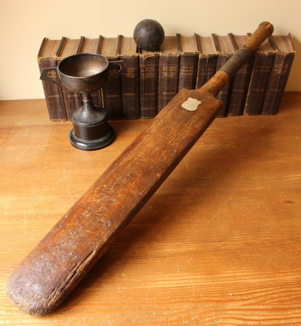 Cricket Bat with Silver Trophy Plaque. Eagley C.C. James Hall 1882.