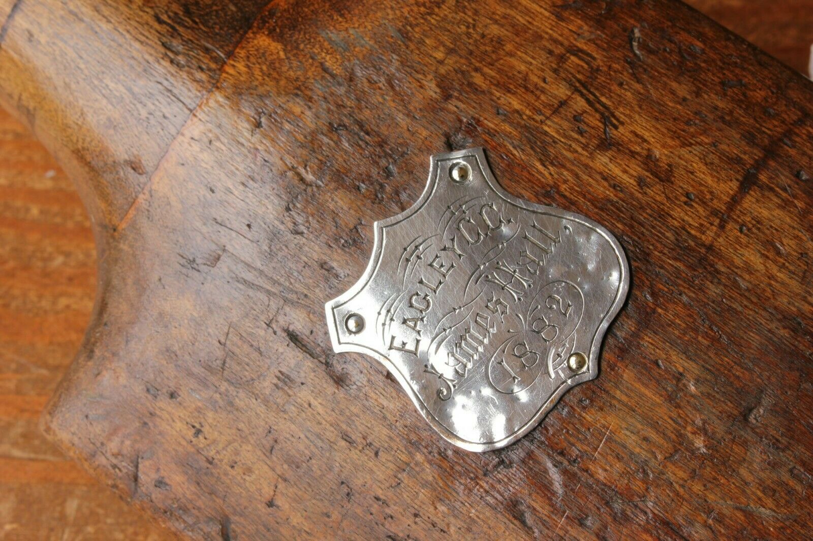 Cricket Bat with Silver Trophy Plaque. Eagley C.C. James Hall 1882.