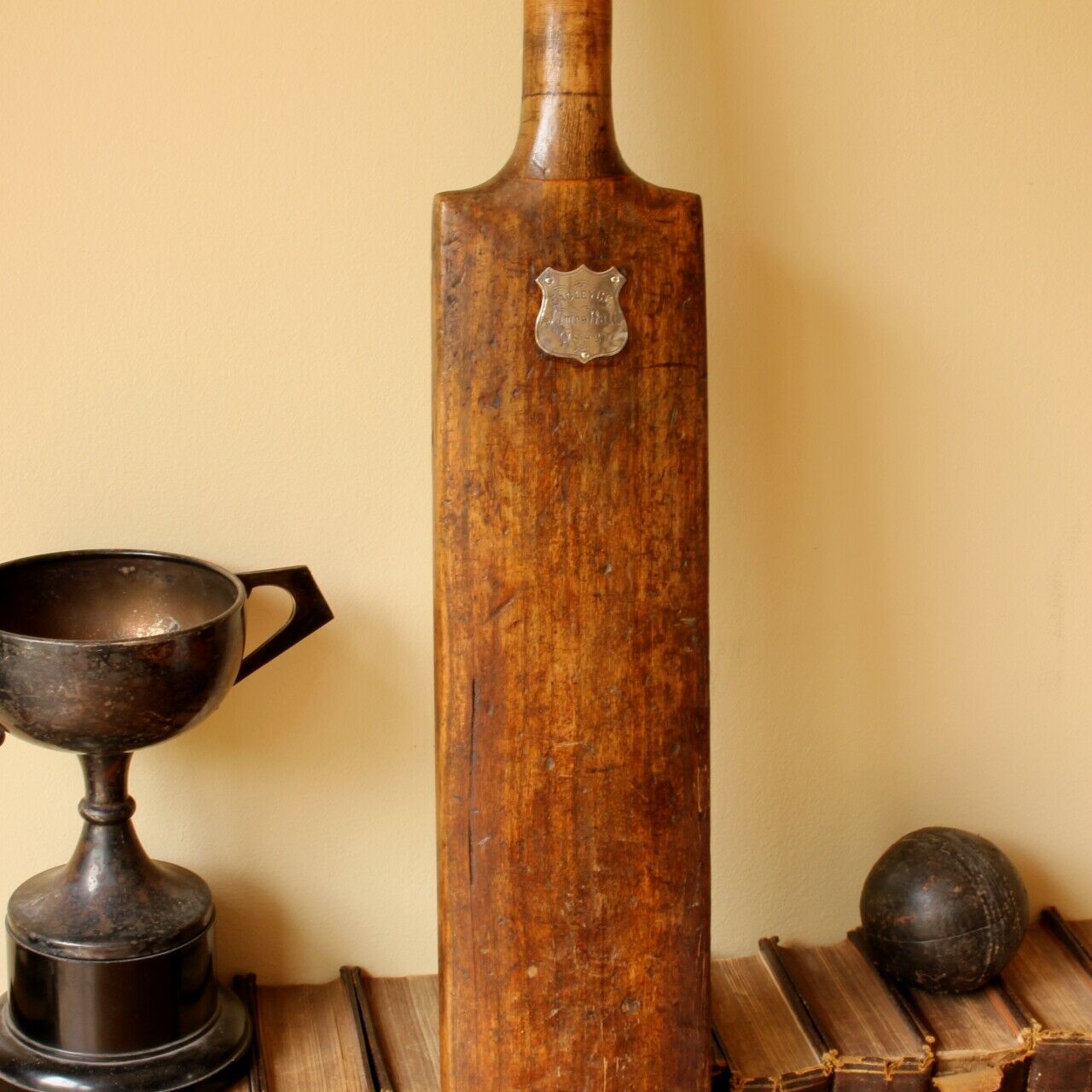 Cricket Bat with Silver Trophy Plaque. Eagley C.C. James Hall 1882.