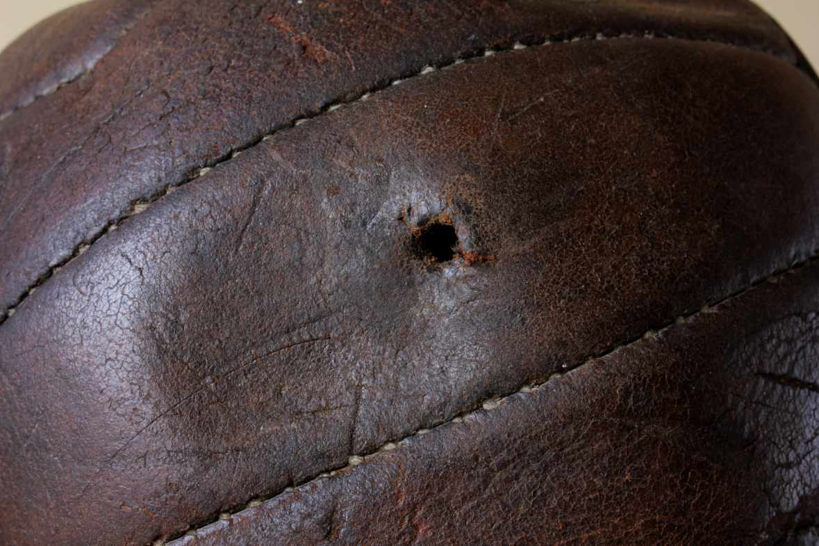 Leather Valve Hole Football. 18 Zig Zag Panel Soccer Ball. c1950 / 1960.