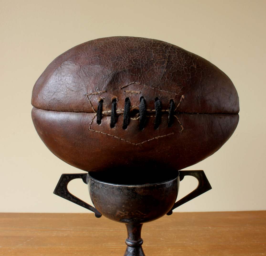 Original Antique Brown Leather 4 Panel Laced Rugby Ball. c1920.