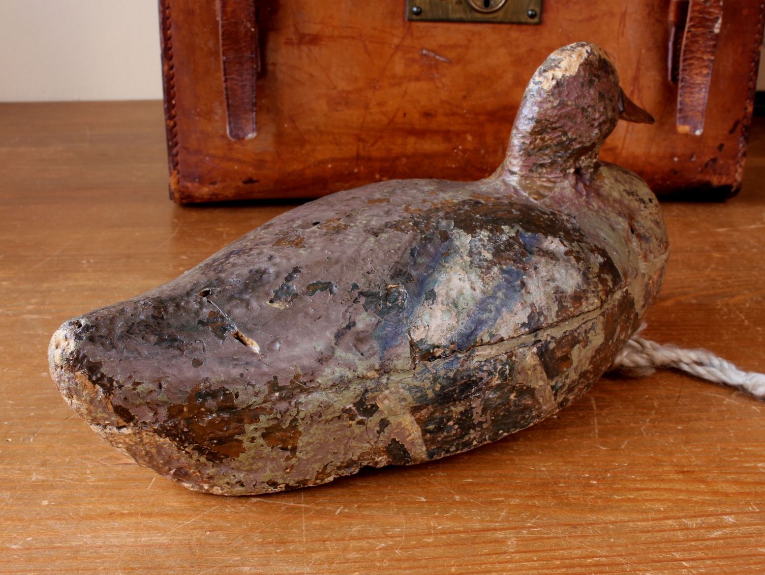 Early Painted Cork Decoy Duck. Wood Beak. Folk Art Bird.