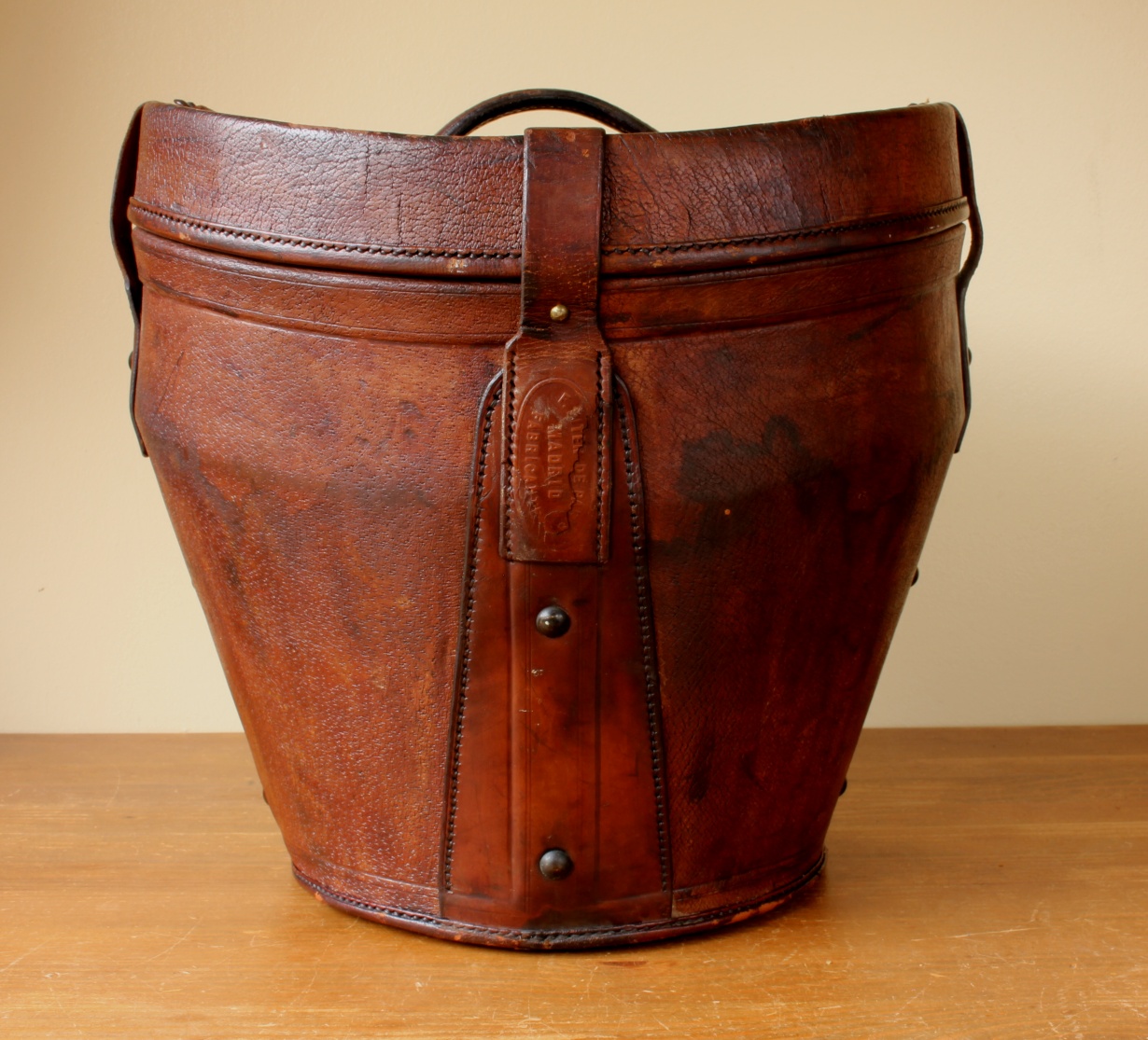 Leather Double Top Hat Case. Velvet Lined Box. Paris, Madrid. Home Decor.