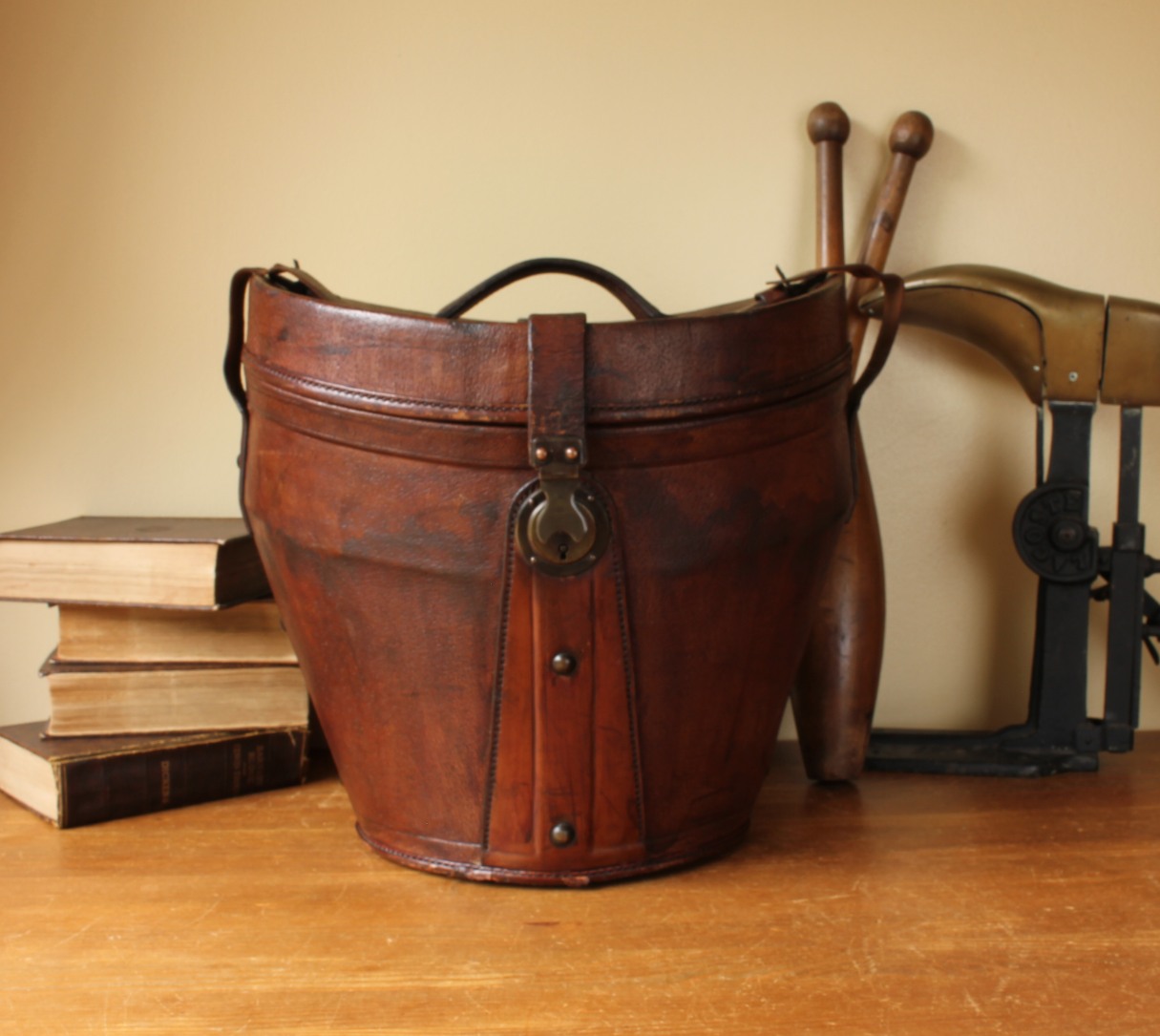 Leather Double Top Hat Case. Velvet Lined Box. Paris, Madrid. Home Decor.