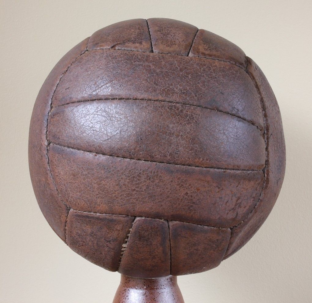 Vintage Leather 18 Strip Panel Football. Old Brown Soccer Ball. c1950.