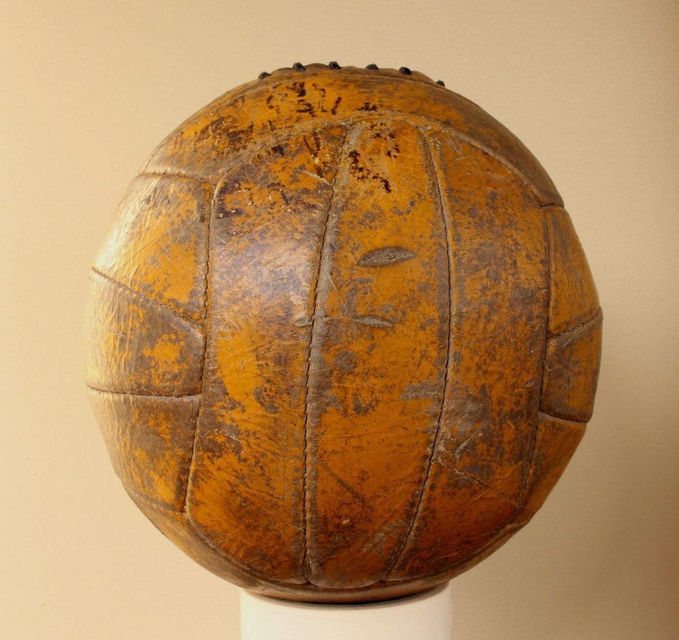 Vintage 1950s Football. Large 18 Panel Tan Leather Old Laced Soccer Ball.