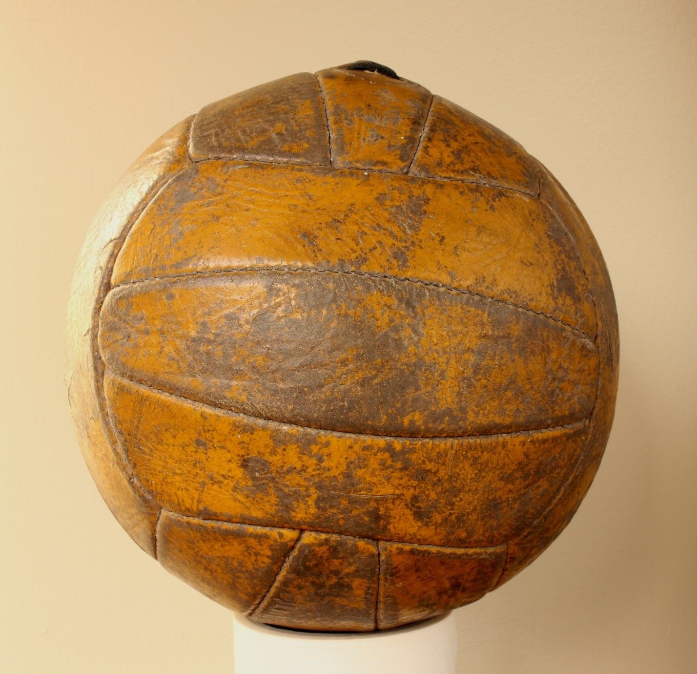 Vintage 1950s Football. Large 18 Panel Tan Leather Old Laced Soccer Ball.