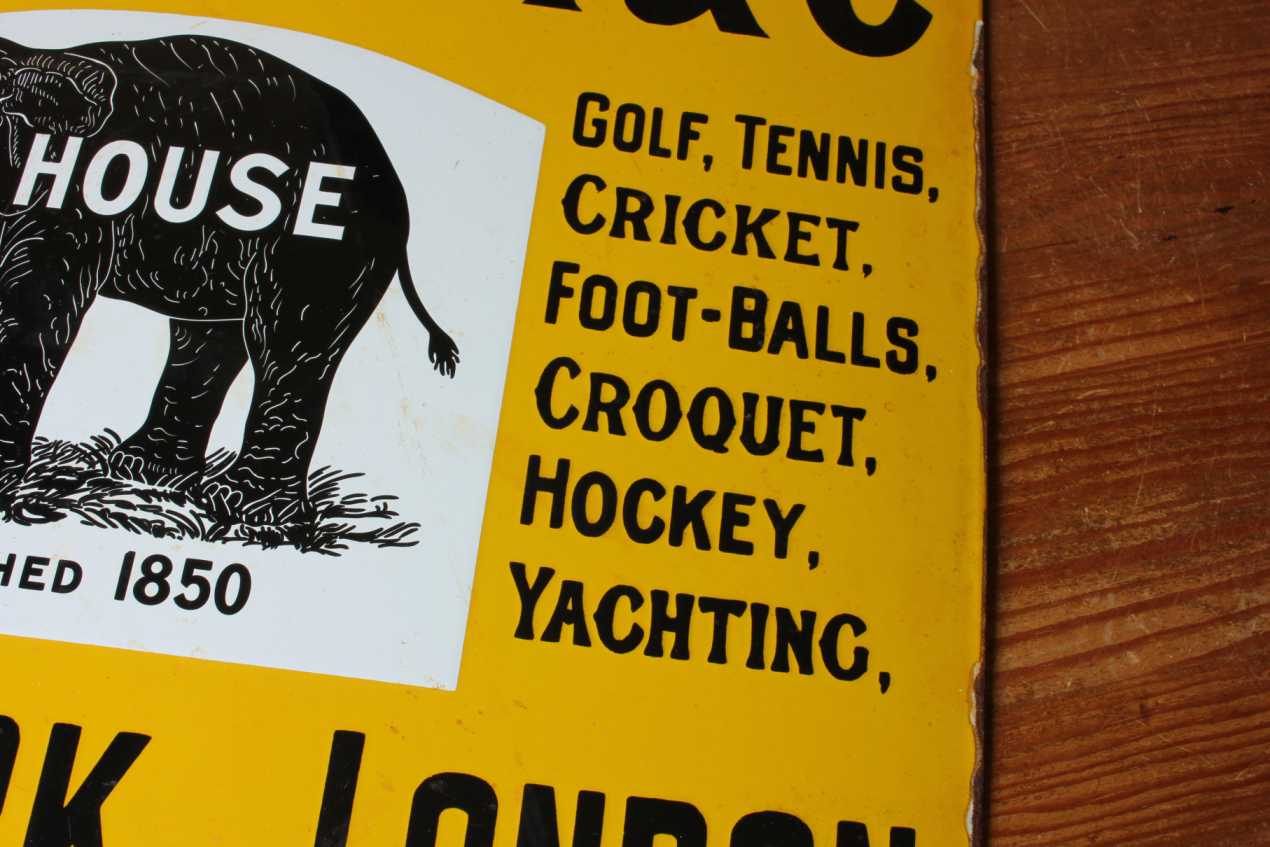 JW Elvery & Co Elephant House Enamel Sign. Dublin Cork London. Sports.