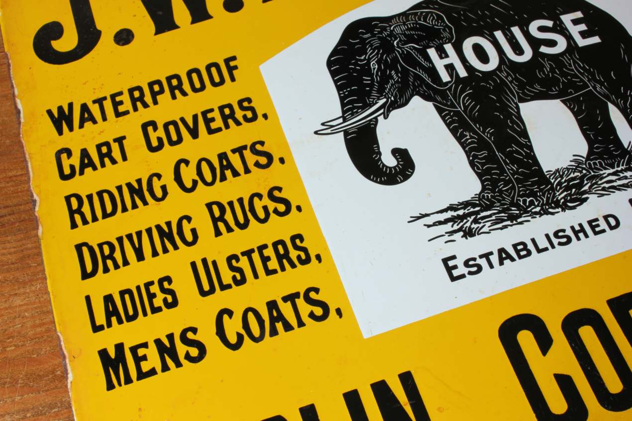 JW Elvery & Co Elephant House Enamel Sign. Dublin Cork London. Sports.