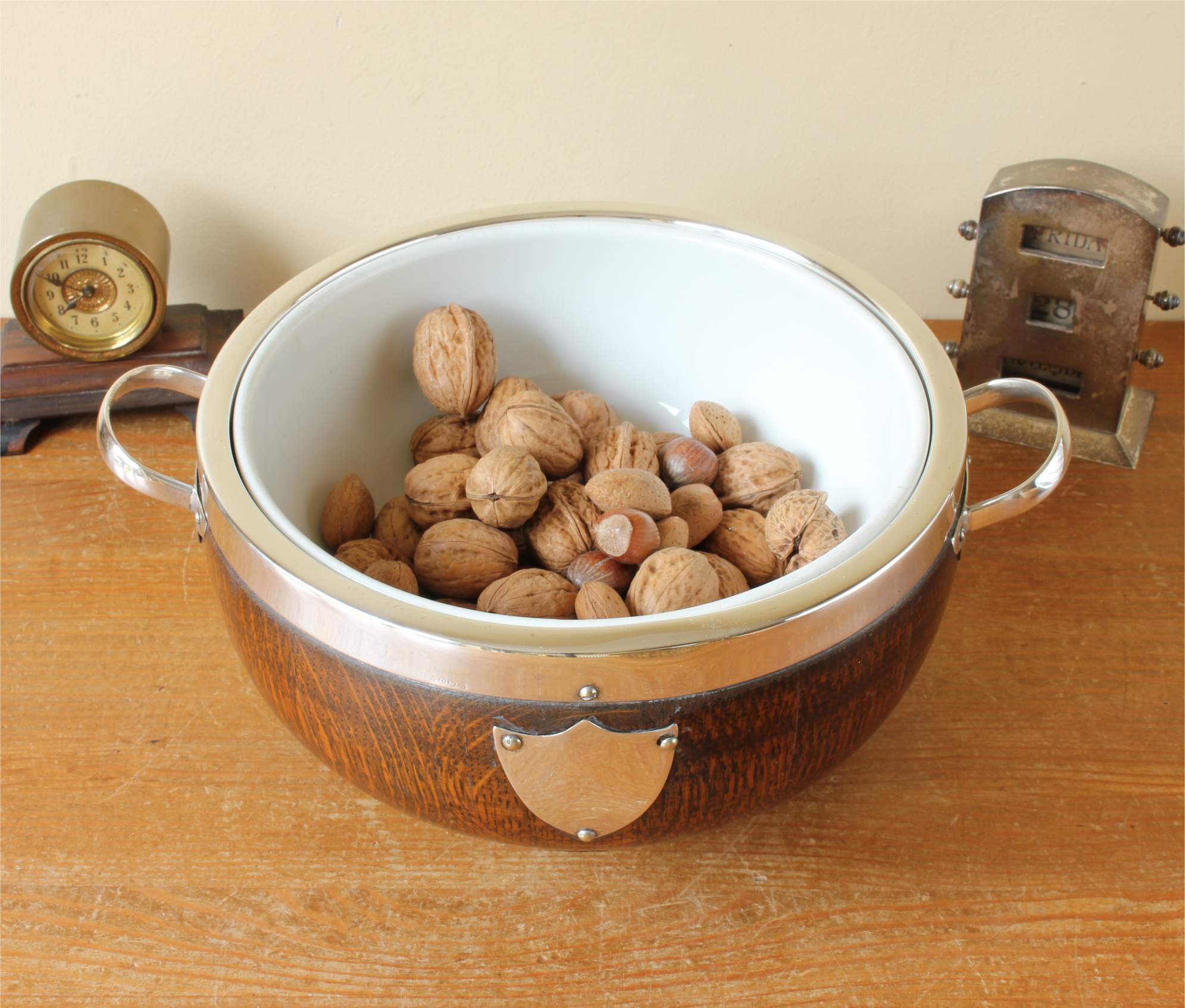 English Oak & Silver Plate Fruit / Salad / Nut Trophy Bowl & Liner c1900.