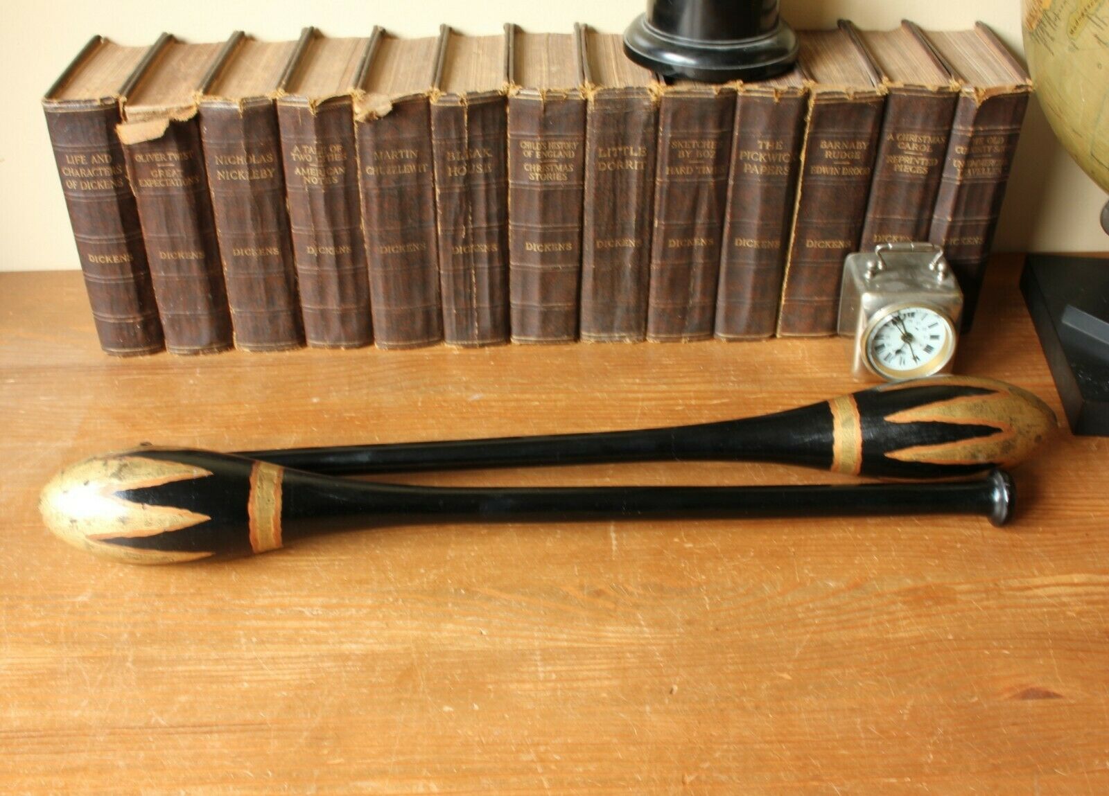 Black and Gold Painted Wood Indian Clubs Meels. Home Decor, Bar, Gym.