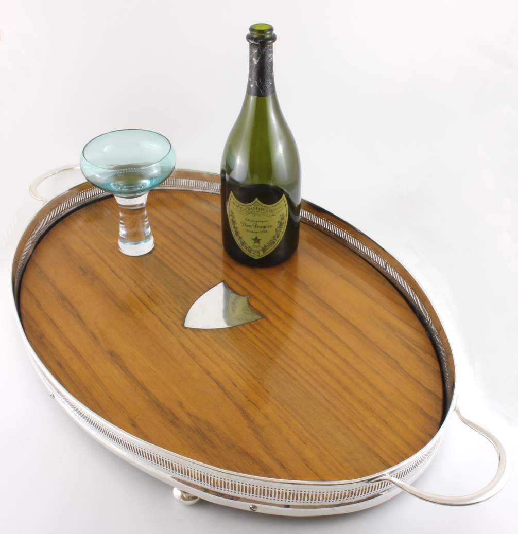Silver Plate & Wood Gallery Tray. Extra Large Shield Drinks Tray.