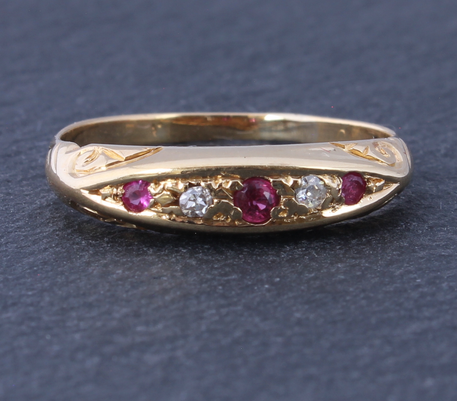 Vintage Yellow Gold, Ruby and Diamond Five Stone Gypsy Ring. Size L 1/2.