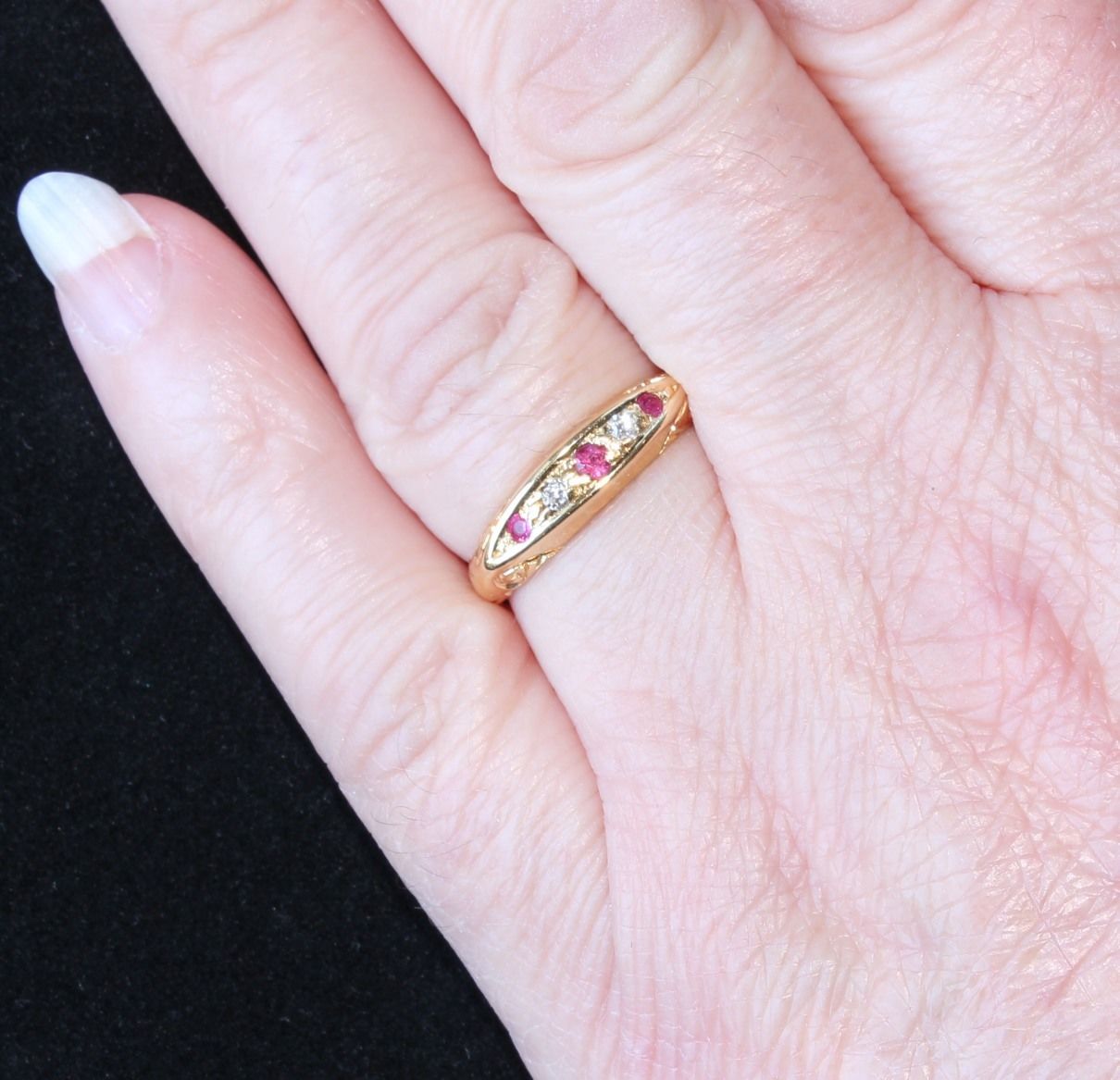 Vintage Yellow Gold, Ruby and Diamond Five Stone Gypsy Ring. Size L 1/2.