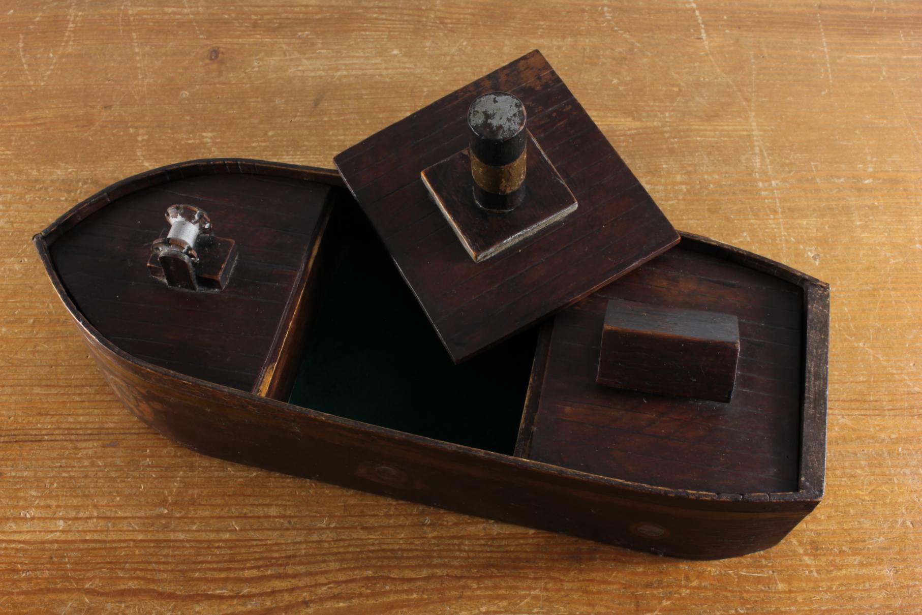 Vintage Scratch Built Tugboat Storage Box. Handmade Folk Art Tug Boat.