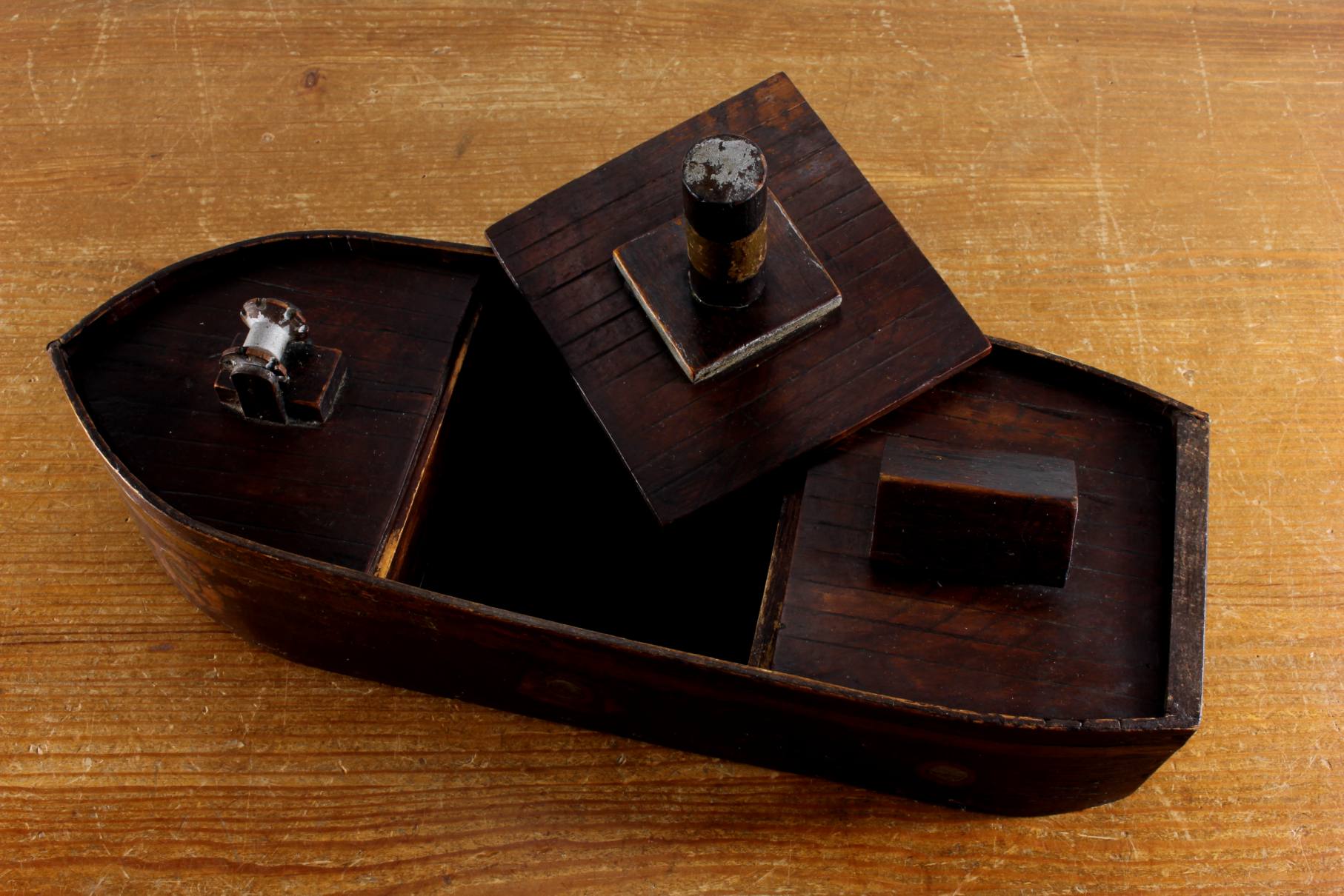 Vintage Scratch Built Tugboat Storage Box. Handmade Folk Art Tug Boat.