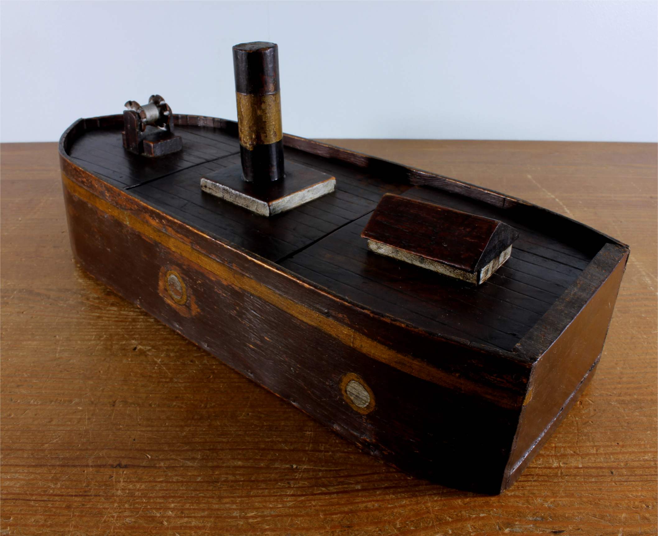 Vintage Scratch Built Tugboat Storage Box. Handmade Folk Art Tug Boat.