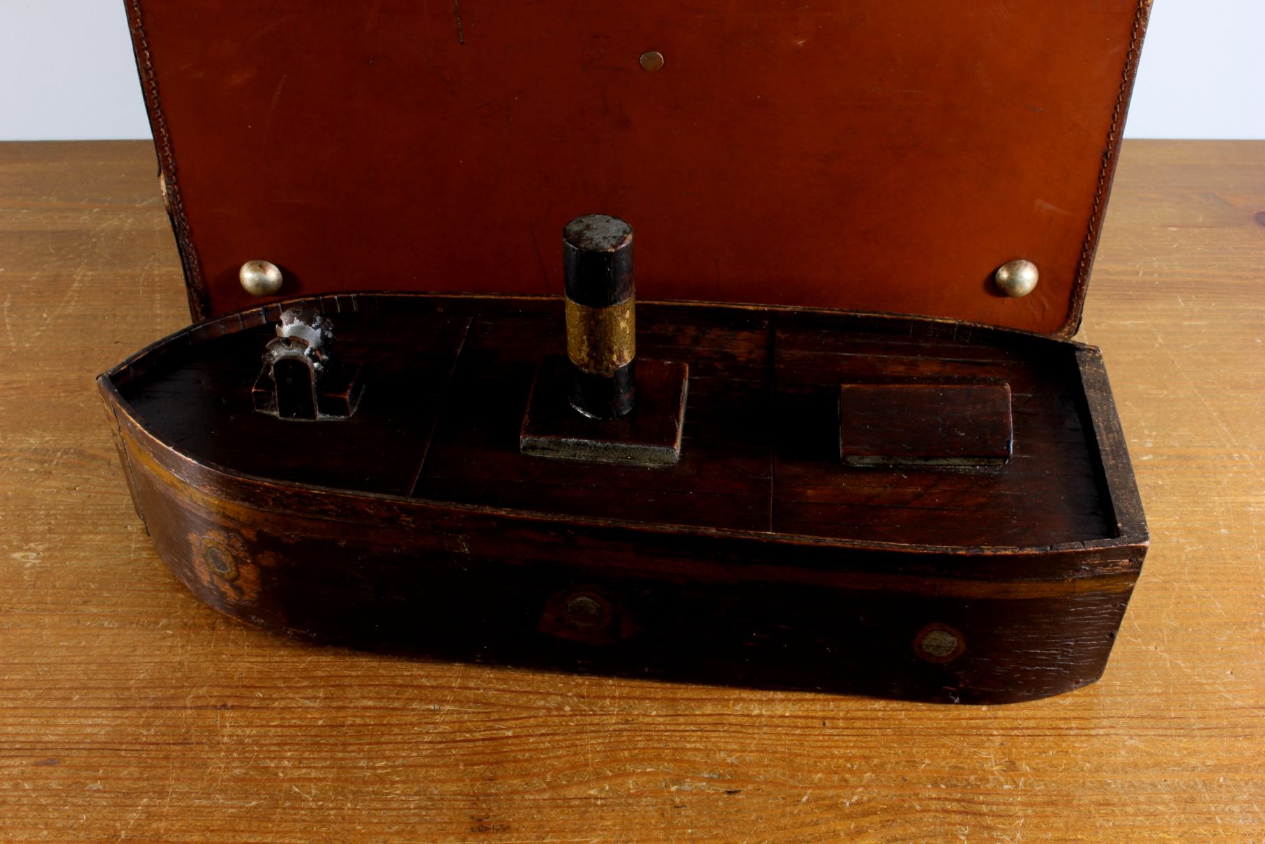 Vintage Scratch Built Tugboat Storage Box. Handmade Folk Art Tug Boat.